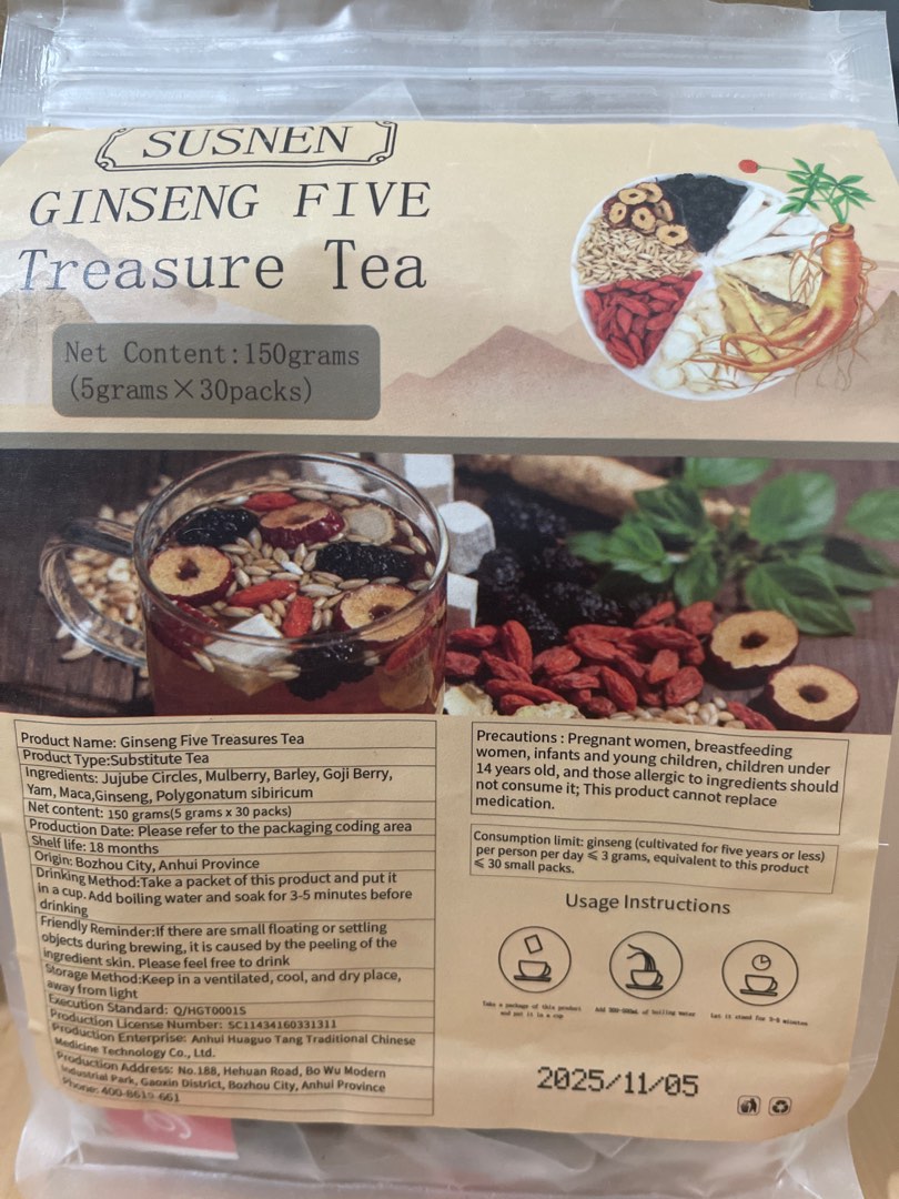 SUSNEN Ginseng Five Treasure Tea, Food & Drinks, Beverages on Carousell