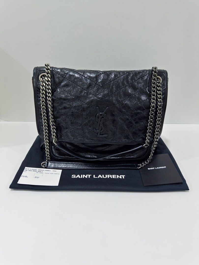 YSL Saint Laurent 498883 Niki Large Black Distressed Leather Bag ...