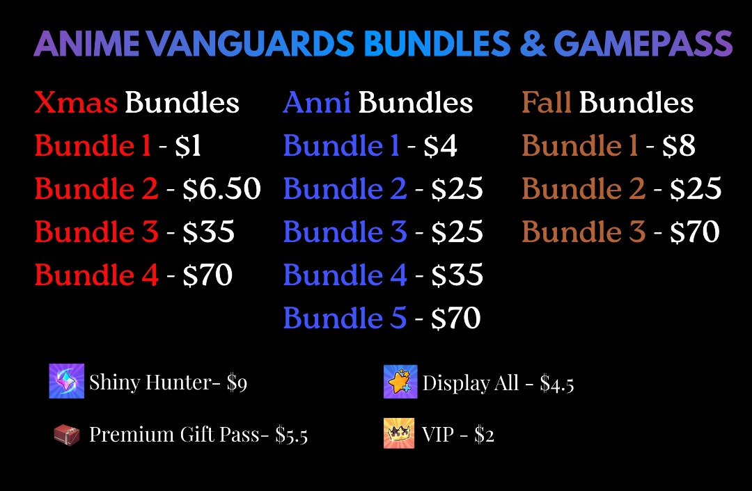 Anime Vanguards Gamepasses and Bundles (READ DESCRIPTION), Video Gaming ...