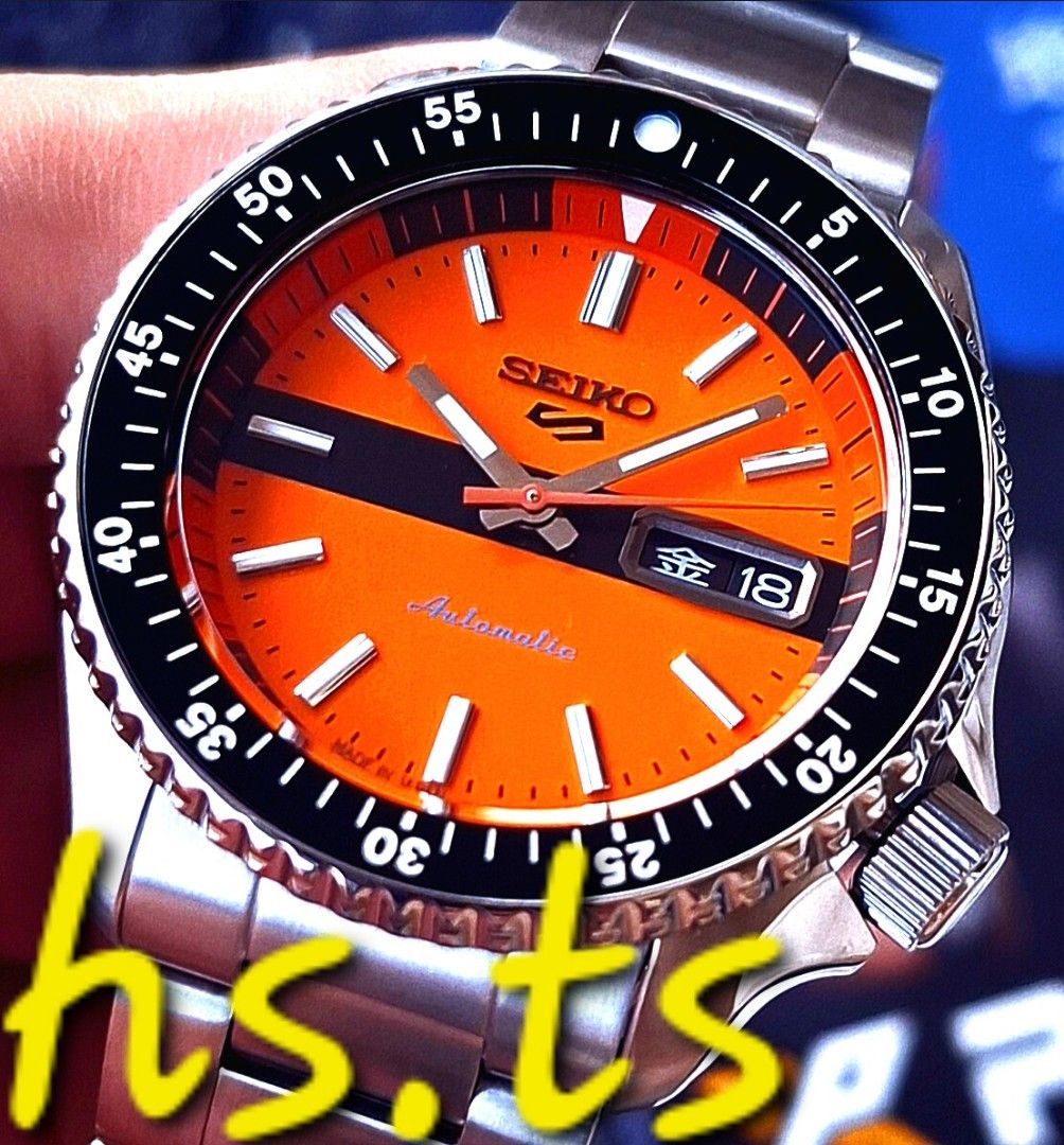 🔥RARE JDM!🔥 Seiko 5 🏁🟠 Retro Racing ⚫️🏁 Orange Black 42mm Automatic ...