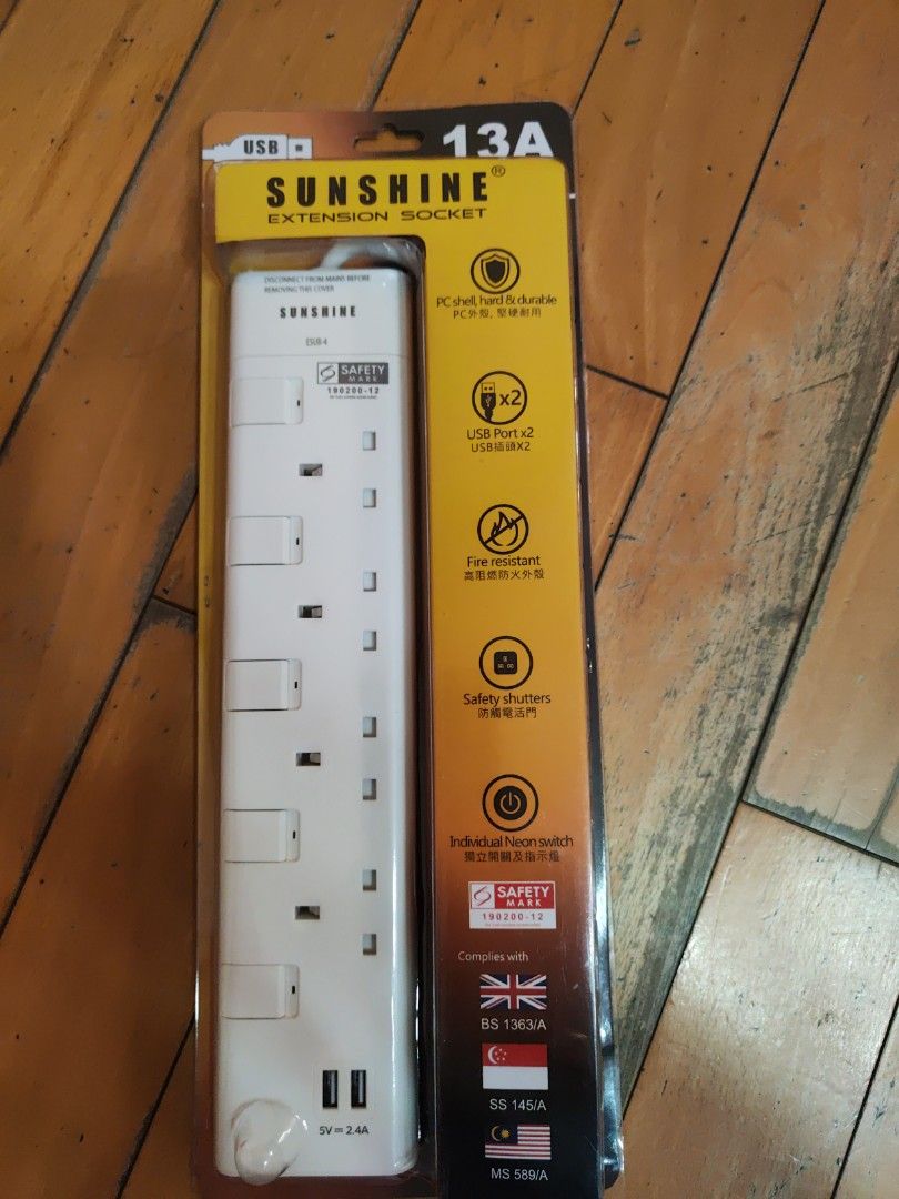 Sunshine 13A Extension Socket with USB, 家庭電器, 轉插器及插頭 - Carousell