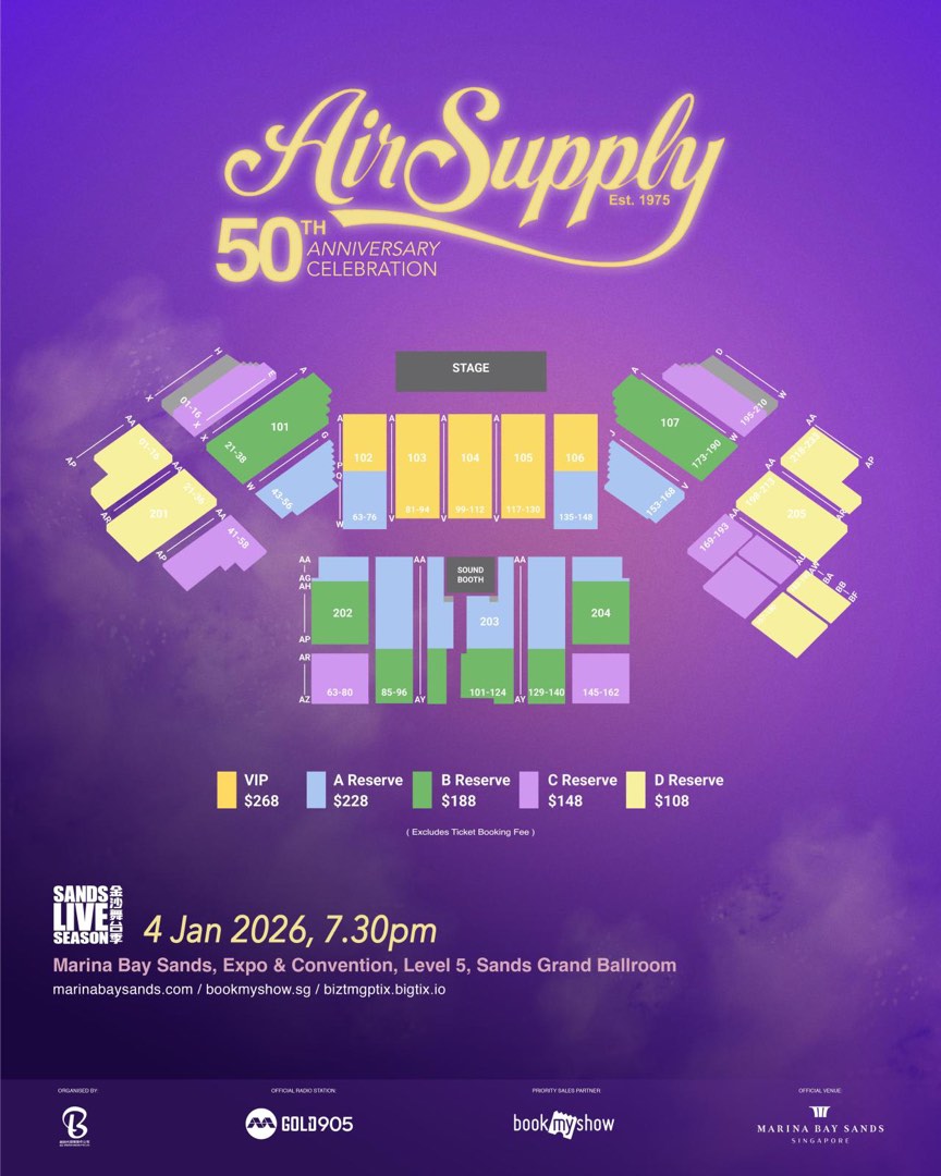 VIP - Air Supply 50th Anniversary Concert Tickets - Various Sections ...
