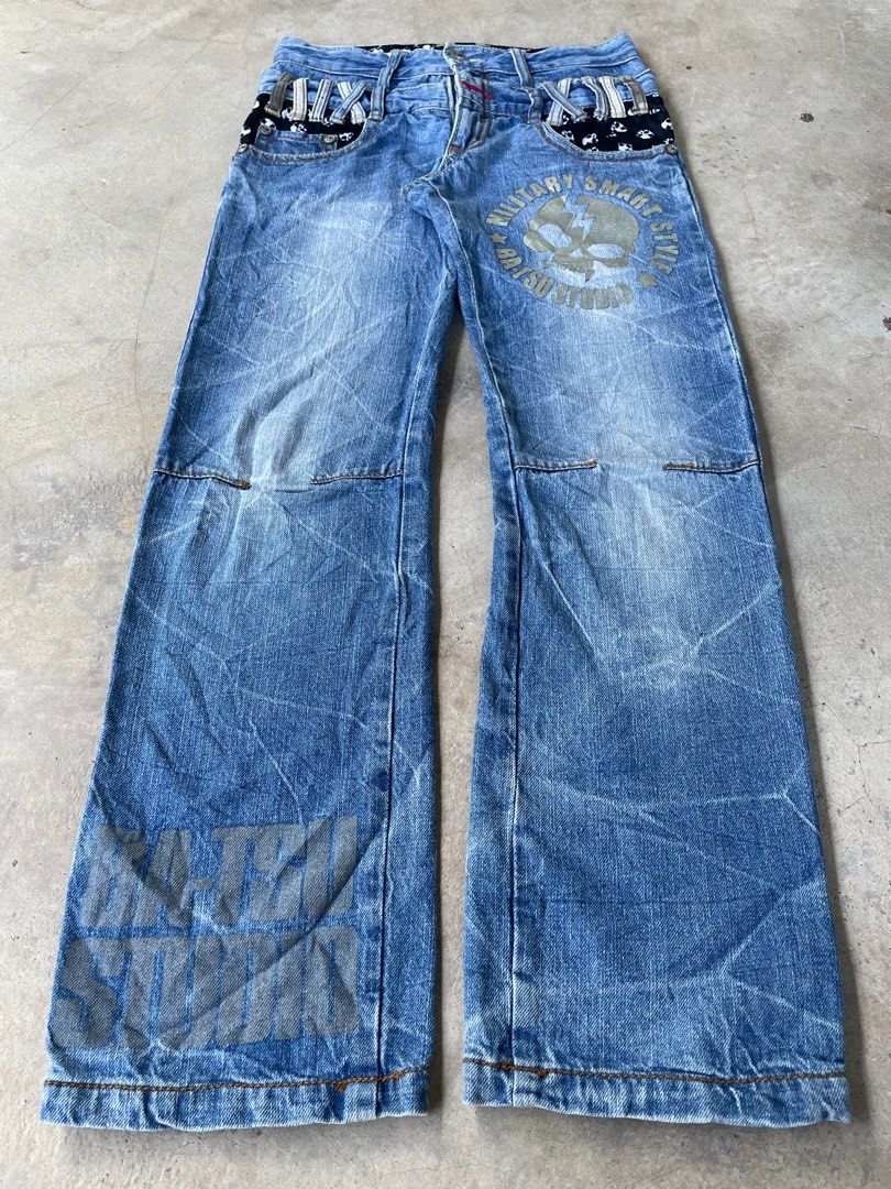 2000s Batsu Studio Skull Poem Double Waist Jeans, Men's Fashion ...