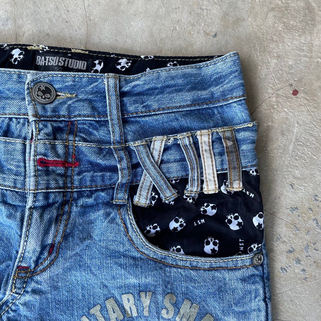 2000s Batsu Studio Skull Poem Double Waist Jeans, Men's Fashion ...