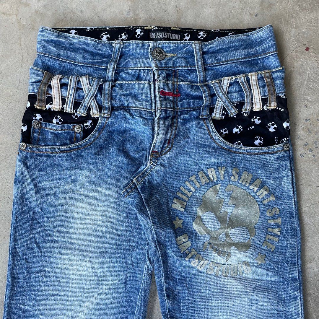 2000s Batsu Studio Skull Poem Double Waist Jeans, Men's Fashion ...
