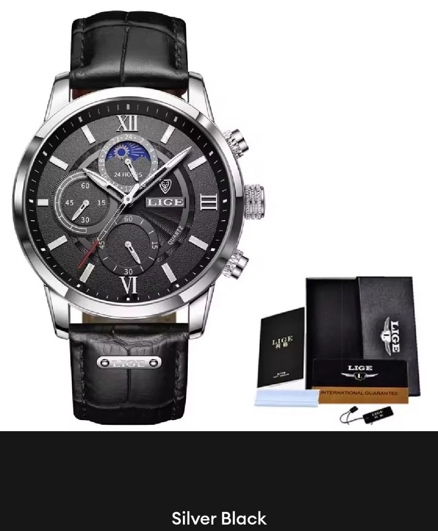 LIGE Casual Men Watch 24 Hour Moon Phase Leather Clock Sport Waterproof ...