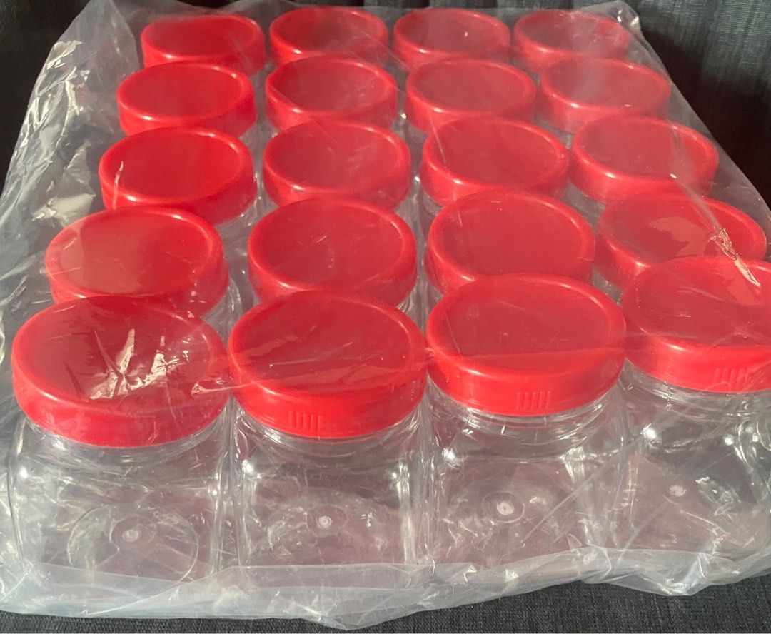 New Square Plastic Storage Jars with Red Lids, Furniture & Home Living ...