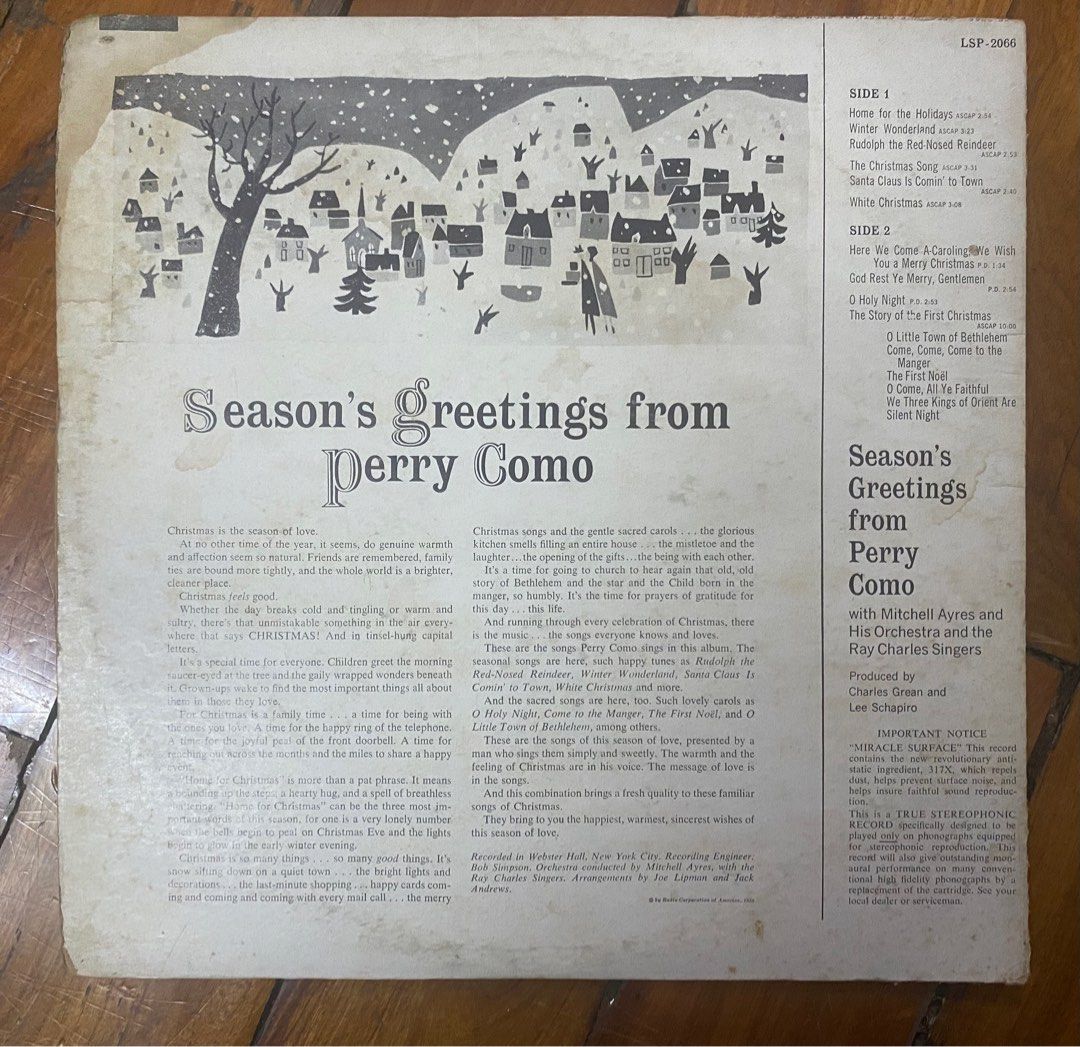 Perry Como - Season’s Greetings - Original Holiday Music Album Vinyl ...