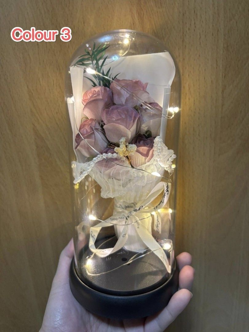 Rose Bouquet in Glass Dome with Fairy Lights, Hobbies & Toys, Flowers ...