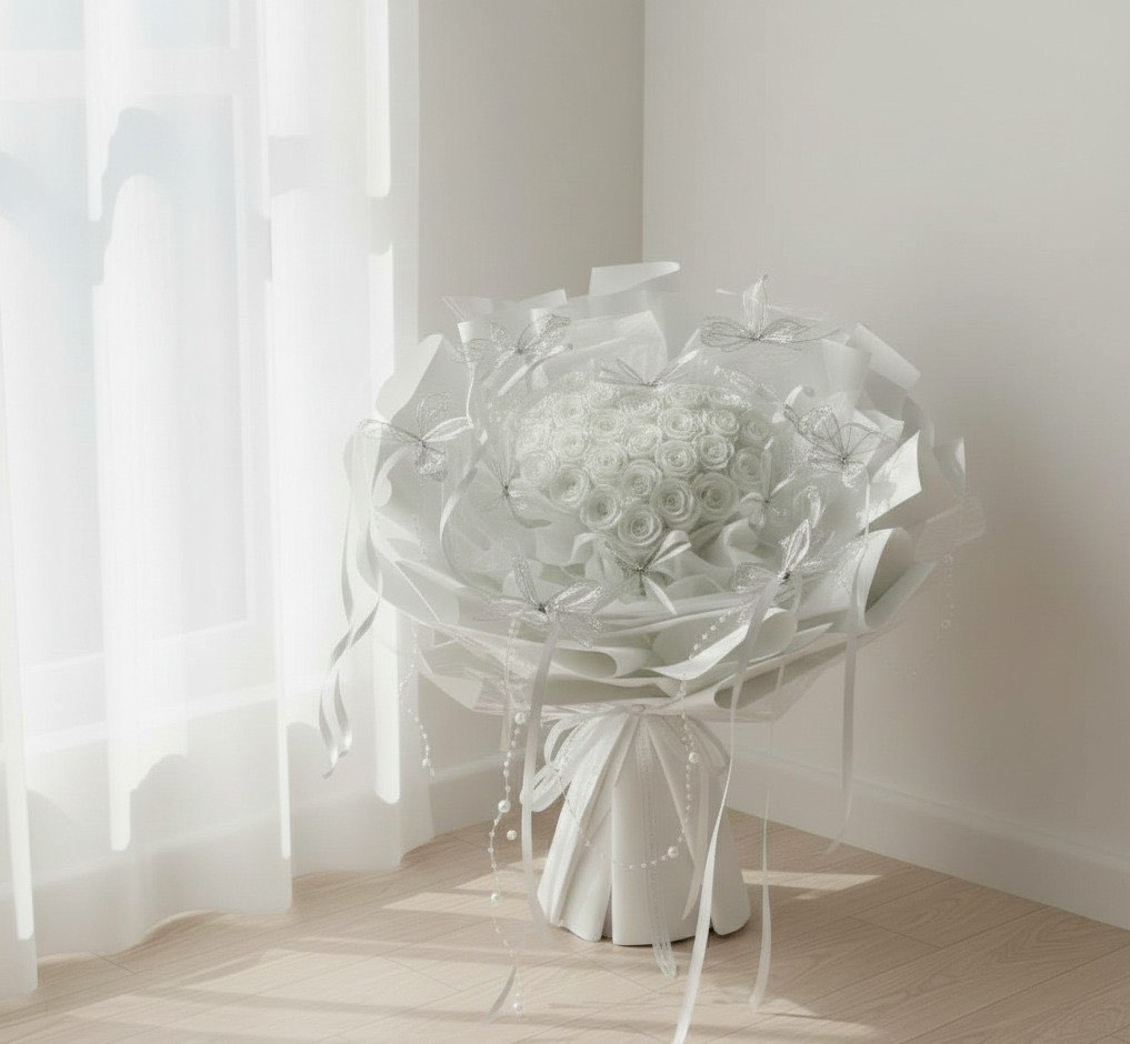 33 White Rose Heart-Shaped Eternal Flower Bouquet | Valentine’s Day ...