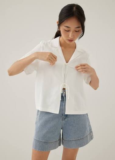 BNWT Love Bonito Allie Ribbon Tie-Front Shirt, Women's Fashion, Tops ...