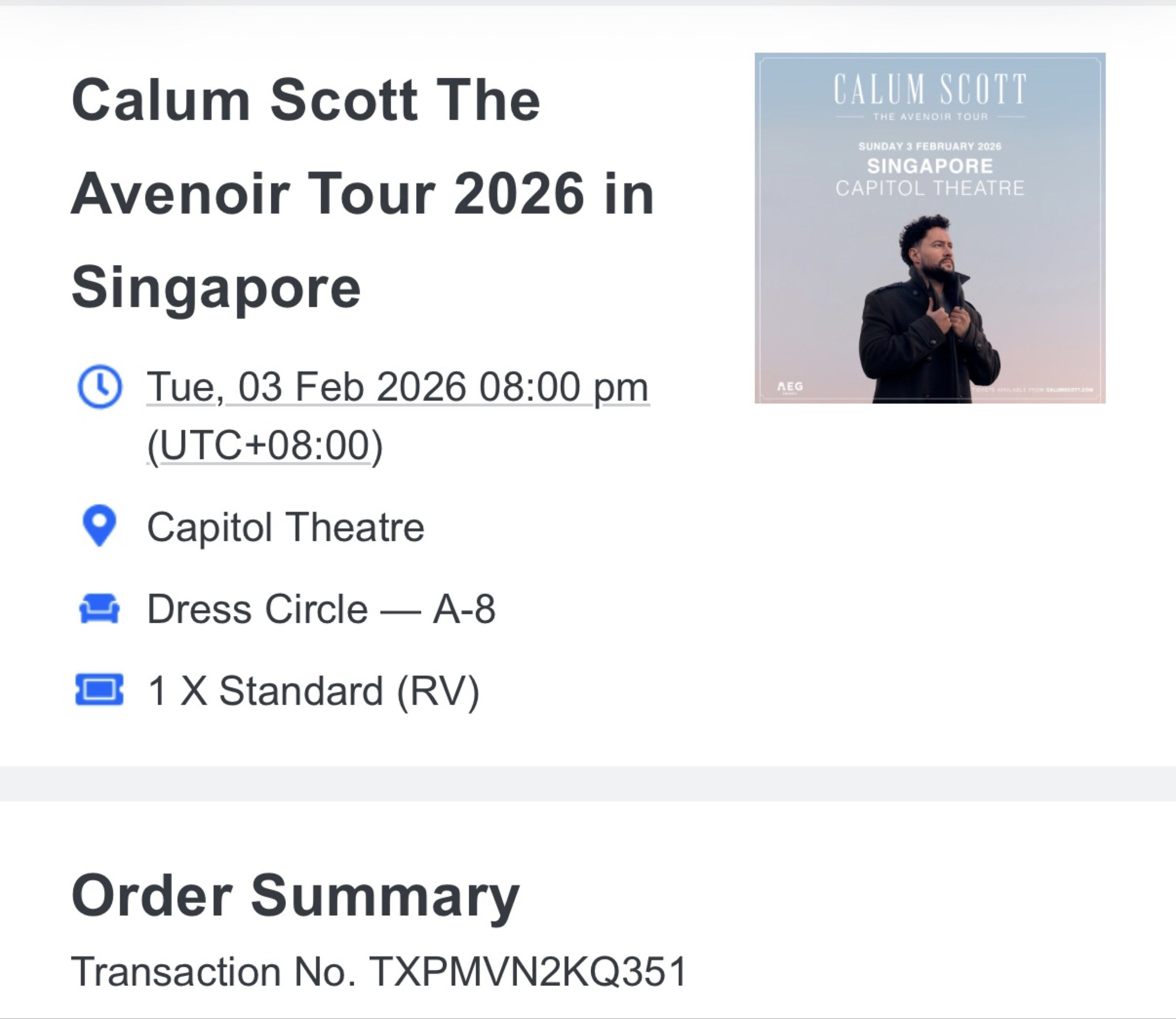 Calum Scott Avenoir Tour 2026 Singapore Ticket, Tickets & Vouchers ...