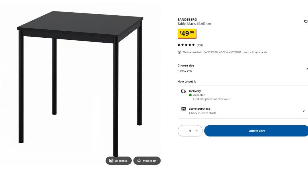 IKEA SANDSBERG Table - Black, 67x67cm, Furniture & Home Living ...