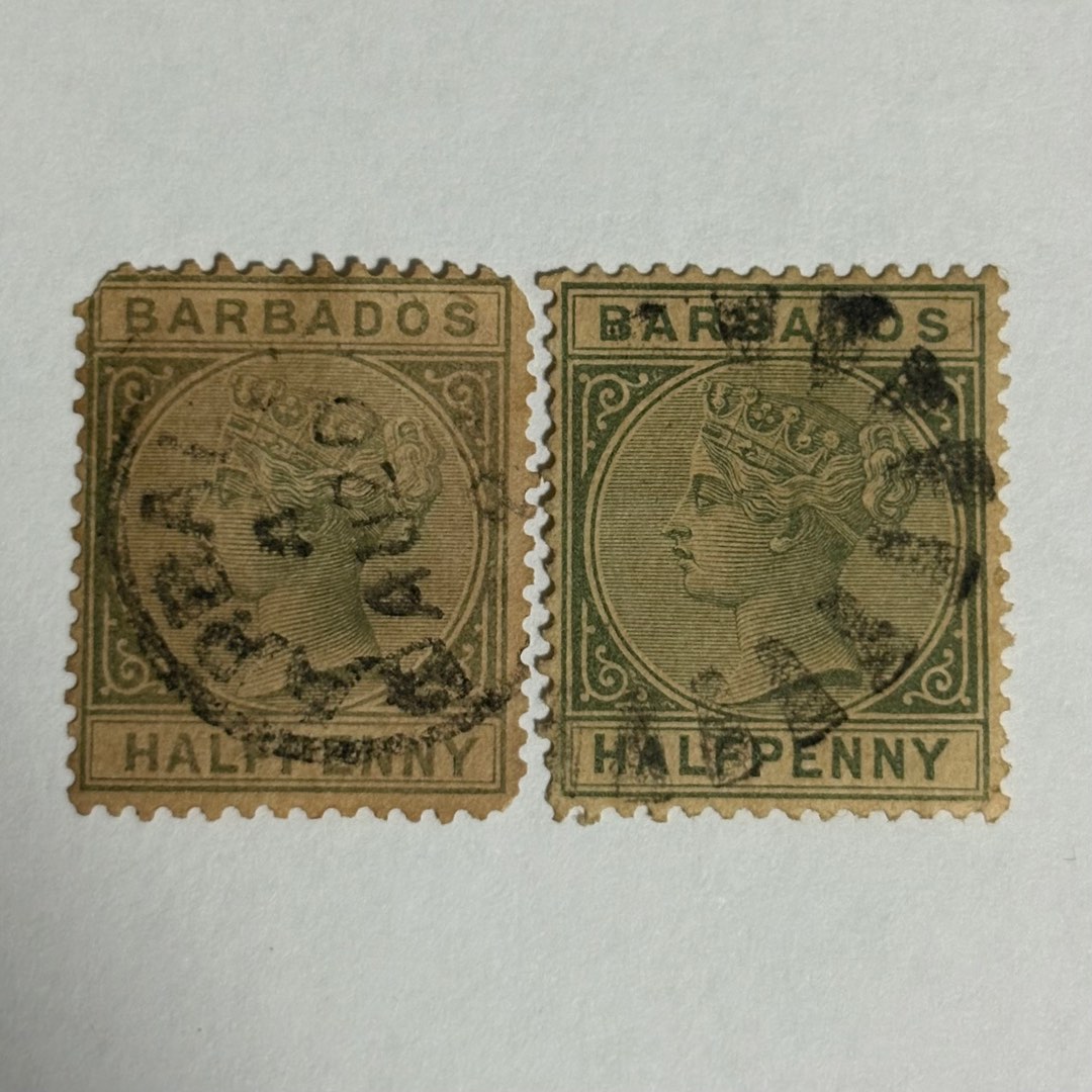 UK colony Barbados Queen Victoria stamps pair green diff shades (one ...