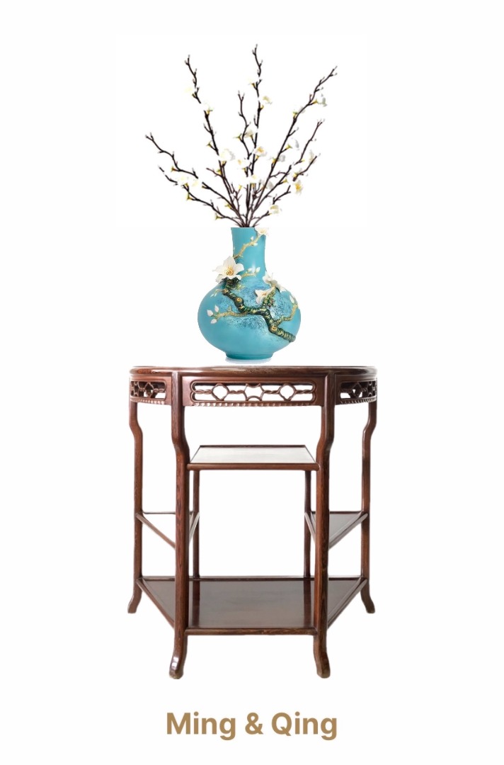 Chicken-wing wood ~ Jichi wood Semi-circular table with openwork aprons ...