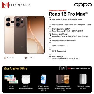 Oppo Reno 15 Pro Max + $50 NTUC Vouchers Gold 512GB, Mobile Phones ...