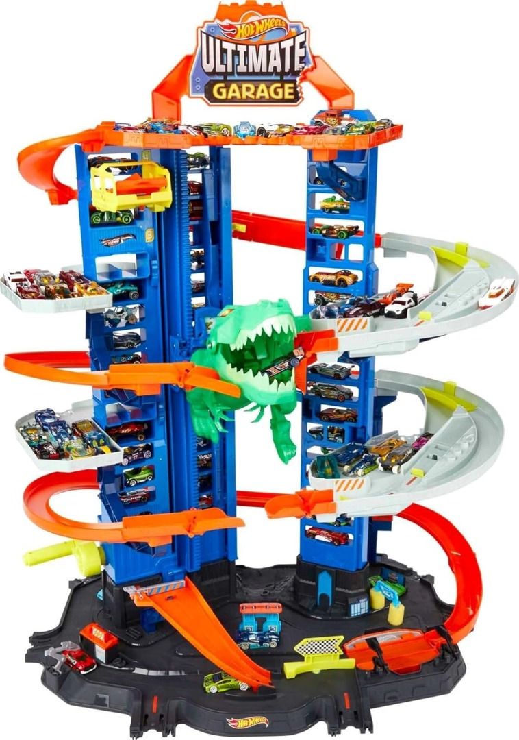 THP - Hot Wheels City Toy Car Track Set, Ultimate Garage with T-Rex ...