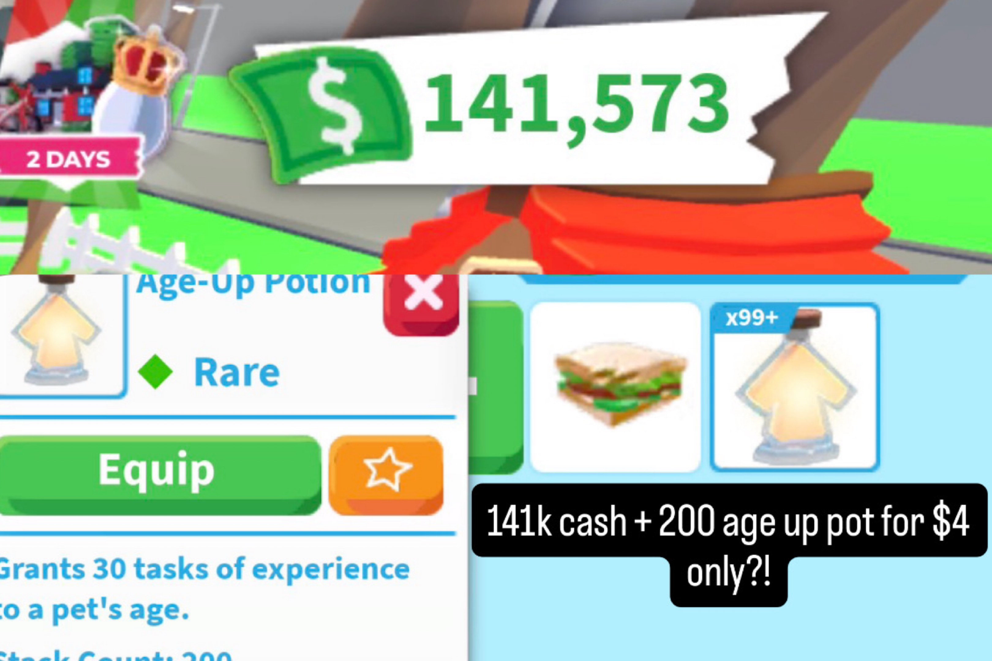 Adopt Me! Age-Up Potion + Cash Bundle, Video Gaming, Gaming Accessories ...