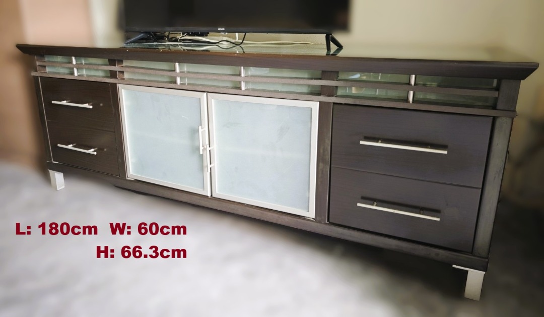 Dark Wood TV Console with Frosted Glass Doors (Metal Legs), Furniture ...