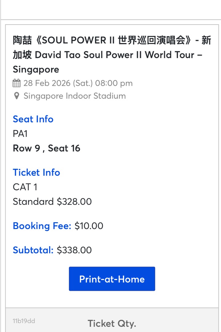1x PA1 Row9 Ticket (Original Price!) - David Tao Soul Power II World ...