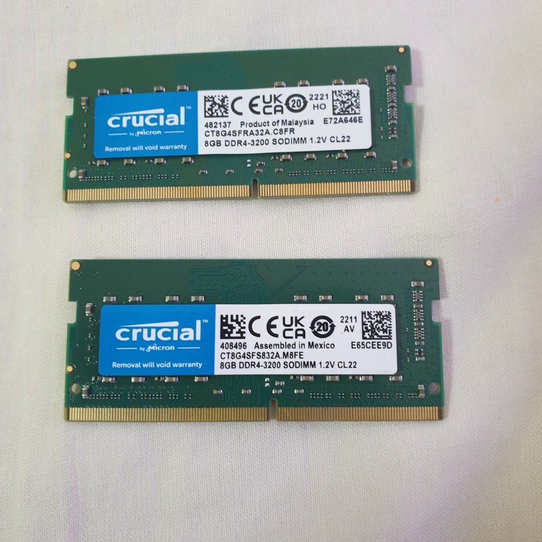 Pair of Crucial laptop memory 8GB DDR4-3200 SODIMM RAM, Computers ...