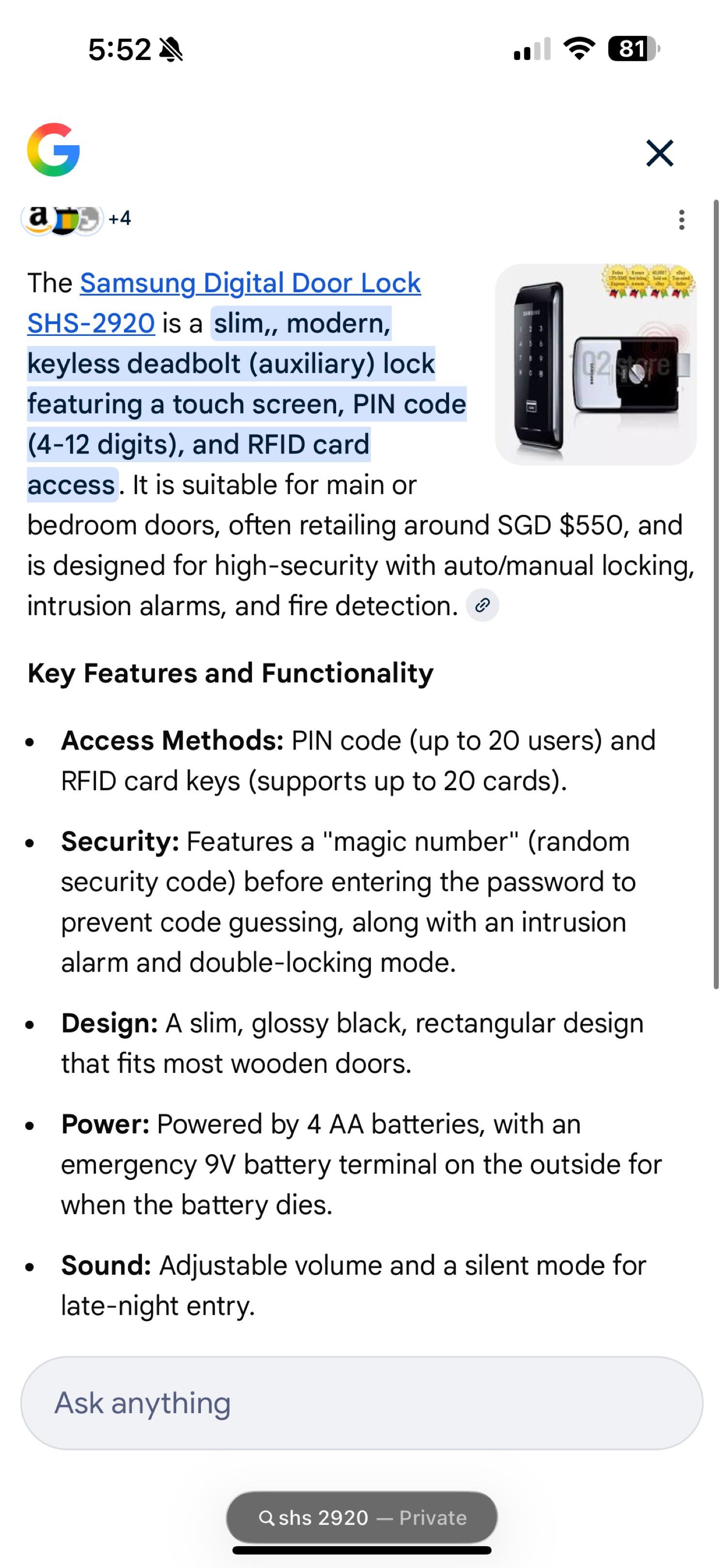 SAMSUNG SHS-2920 electronic door lock, Furniture & Home Living ...