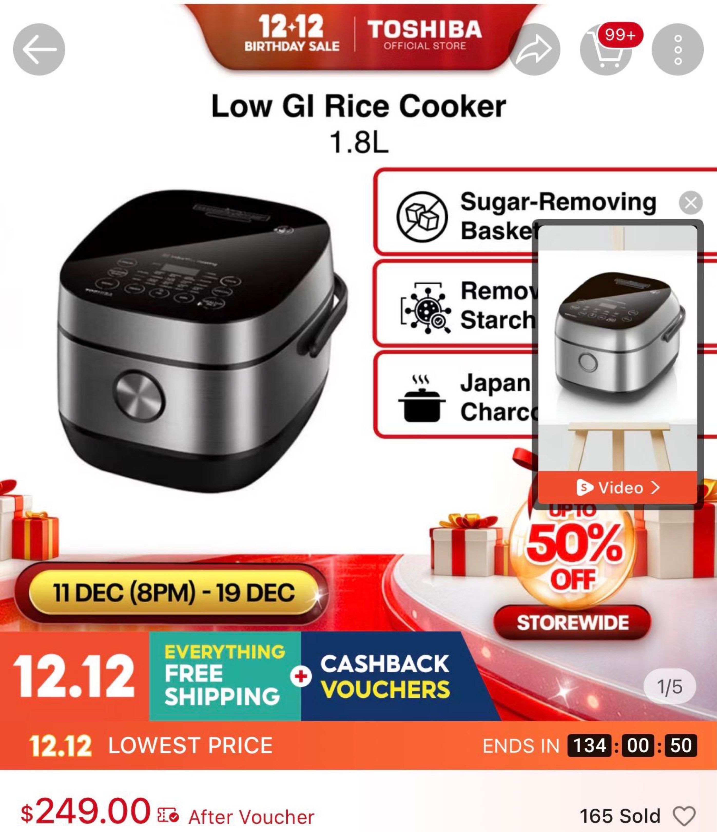Toshiba Low GI Rice Cooker 1.8L, TV & Home Appliances, Kitchen ...