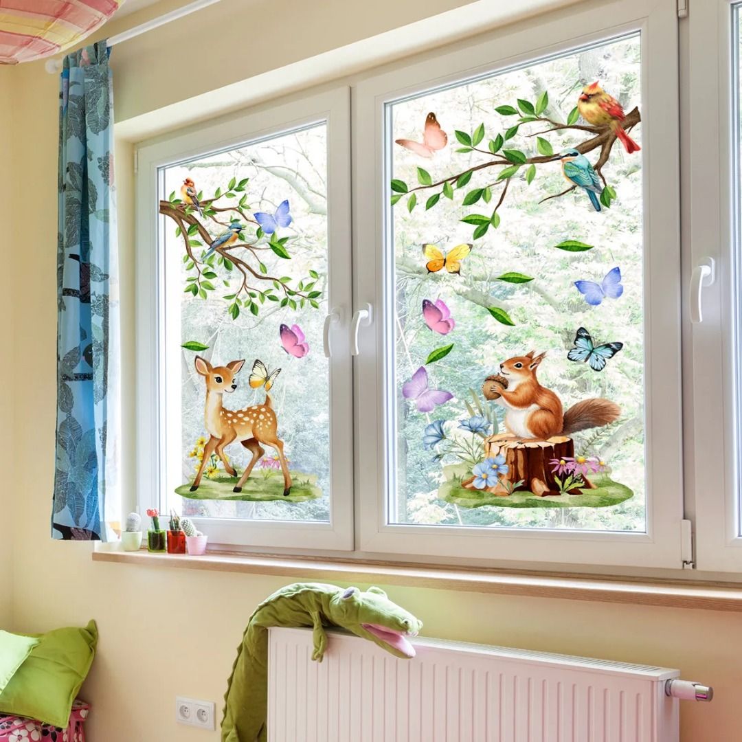 Cartoon Forest Theme Deer Squirrel Butterfly Creative Window Stickers ...