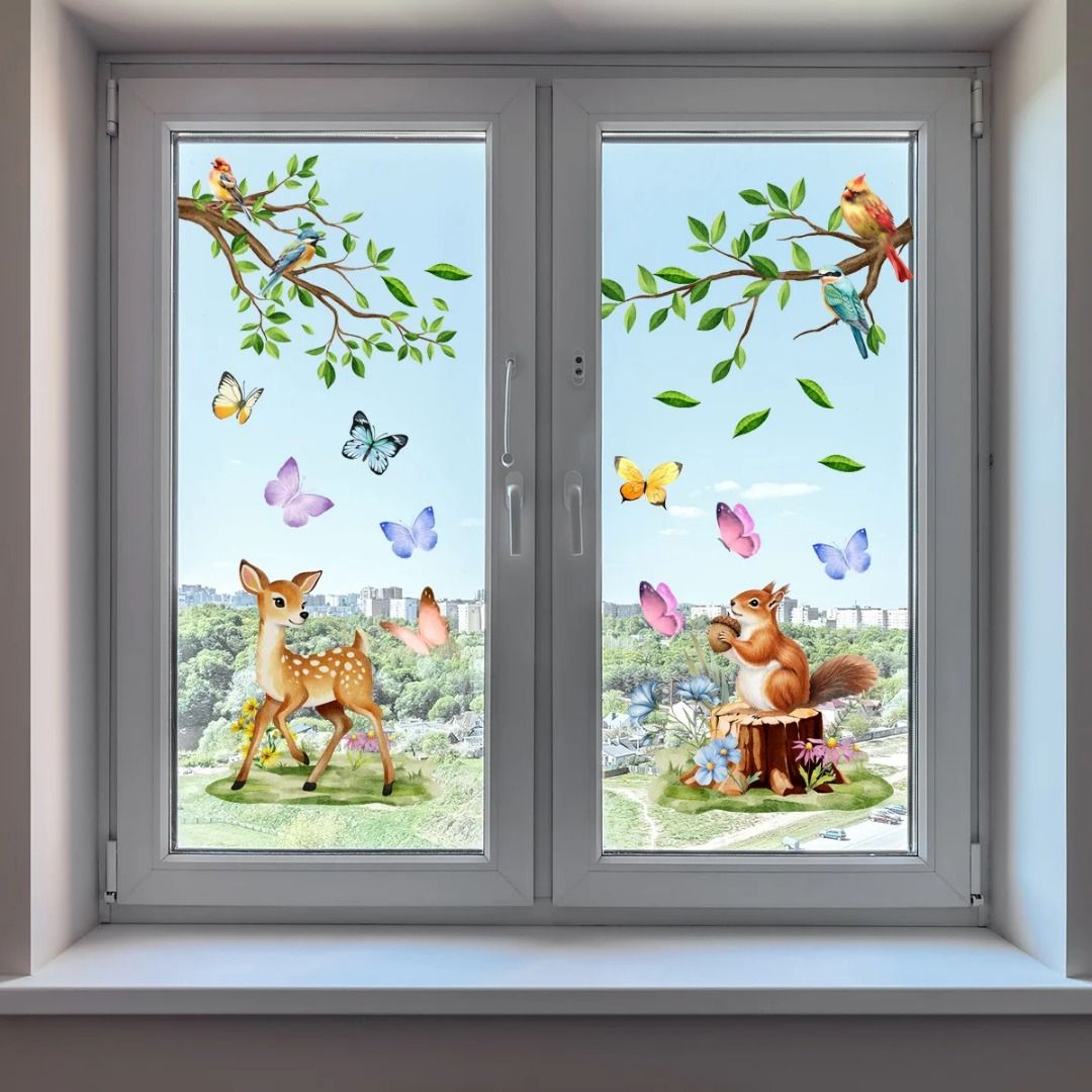 Cartoon Forest Theme Deer Squirrel Butterfly Creative Window Stickers ...