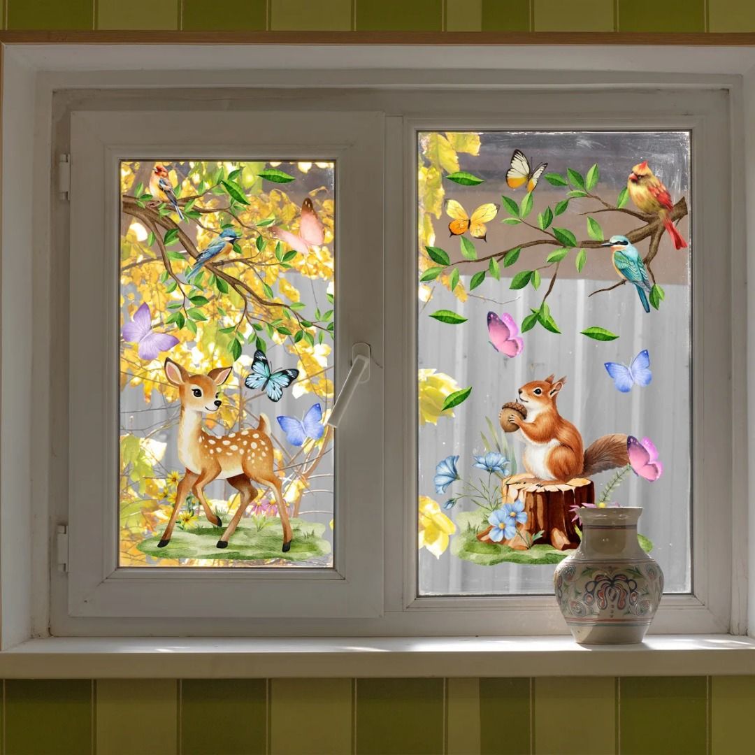 Cartoon Forest Theme Deer Squirrel Butterfly Creative Window Stickers ...