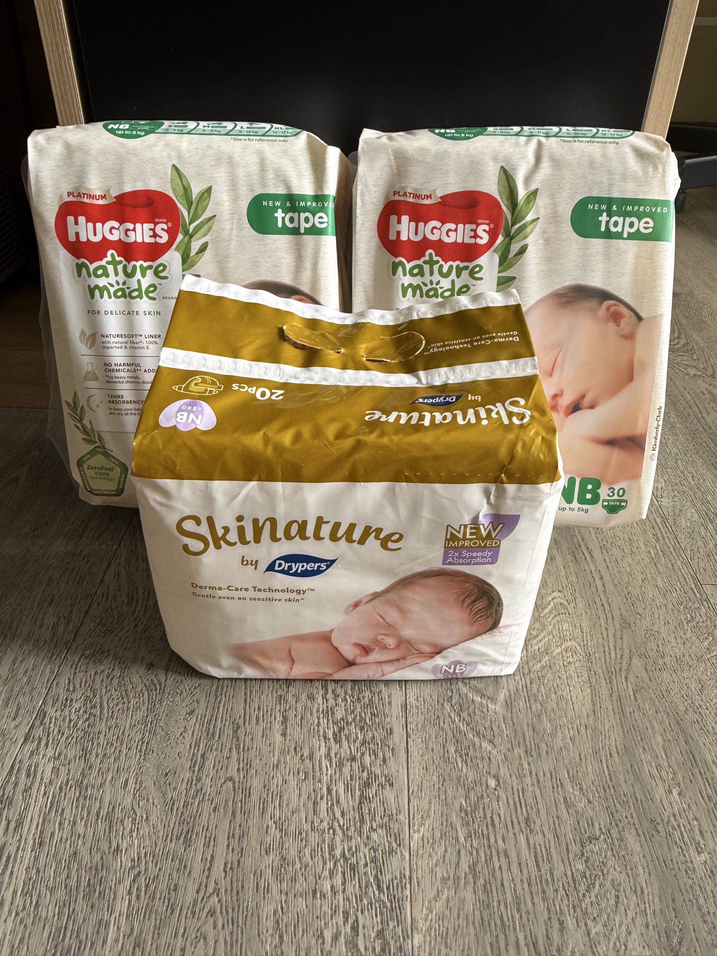 Huggies Nature Made (NB) & Drypers Skinature Newborn Diapers (NB ...