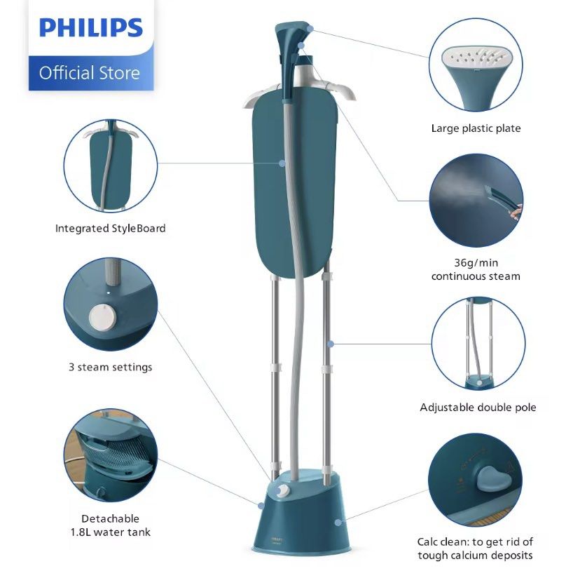 (NEW) PHILIPS Stand Garment Steamer 1000 Series - STE1040/20, 1800W, 3 ...