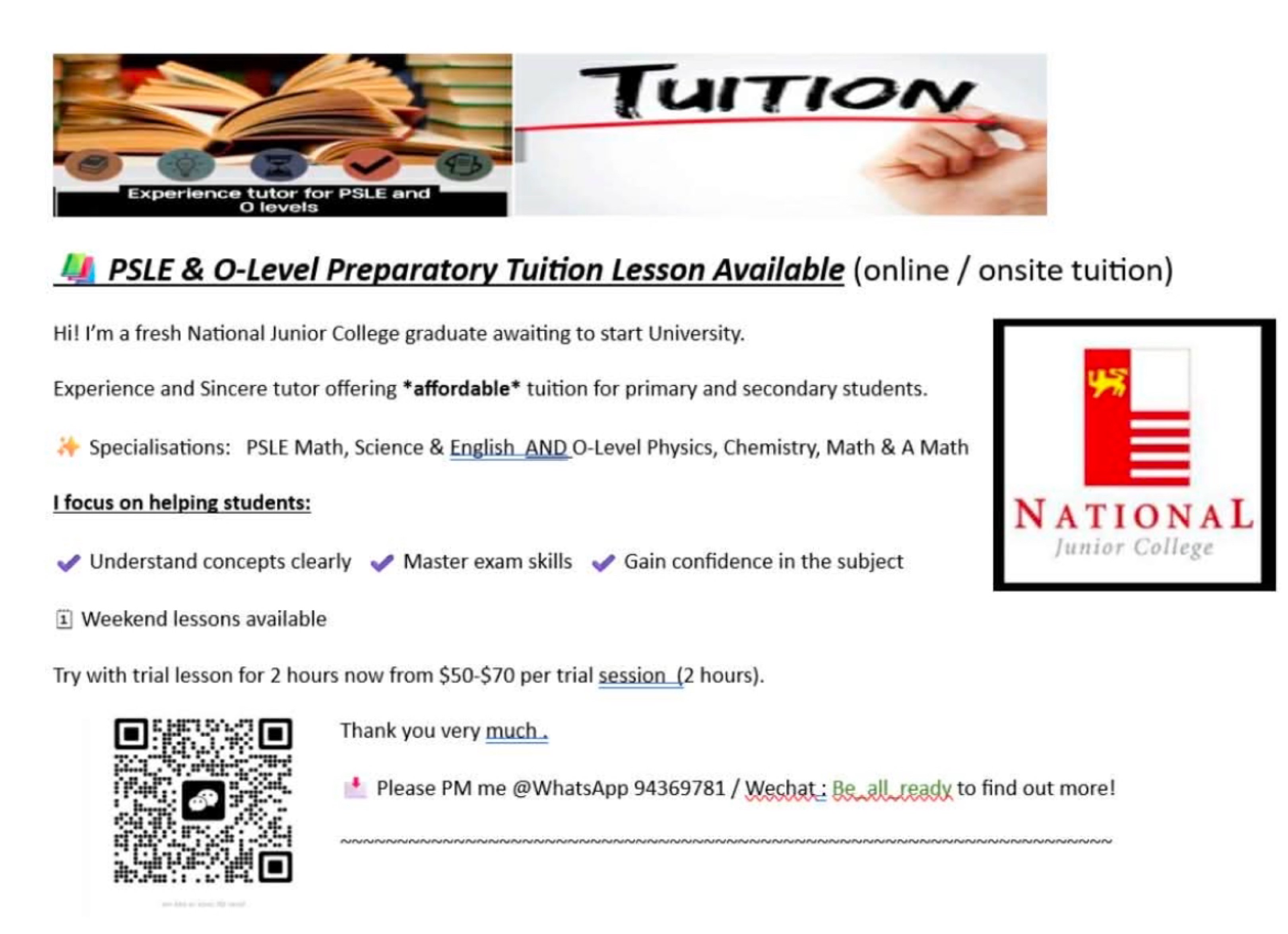 Tuition lesson for PSLE and GCE O levels preparatory class, Everything ...