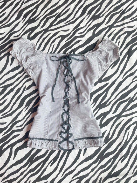 coquette vintage pinstripe milkmaid corset-style top, Women's Fashion ...