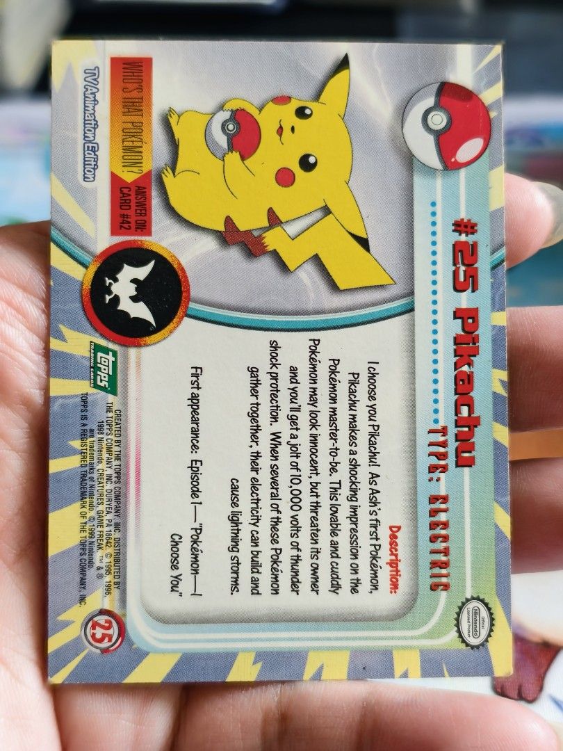 1999 Topps Pokemon TV PIKACHU #25 RARE! Animation Edition!, Hobbies ...