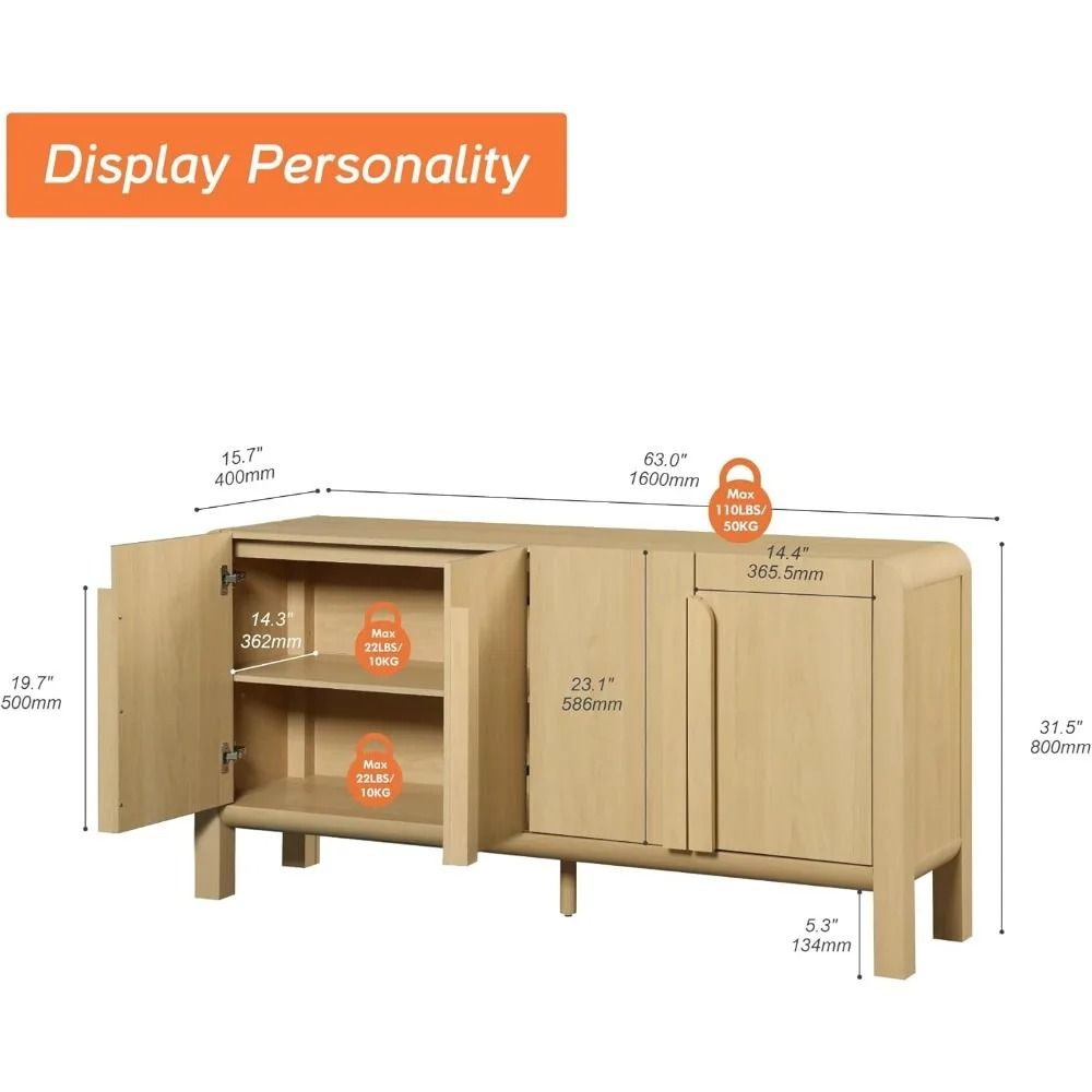 63" Wide Large Buffet Sideboard Cabinet with Storages, Modern Buffet ...