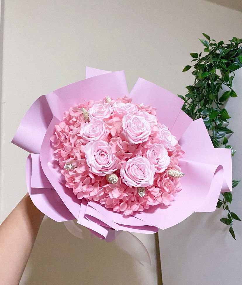 9 Stalk Preserved Pink Flower Round Flower Bouquet - Valentine’s Day ...