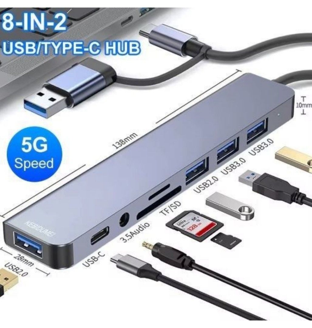 8 in 2 Port Hub Adapter Converter Docking Station USB Type C & USB Type ...