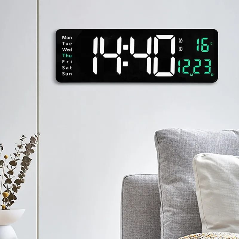 Large Digital Wall Clock Temp Date Week Display Remte Control Power Off ...