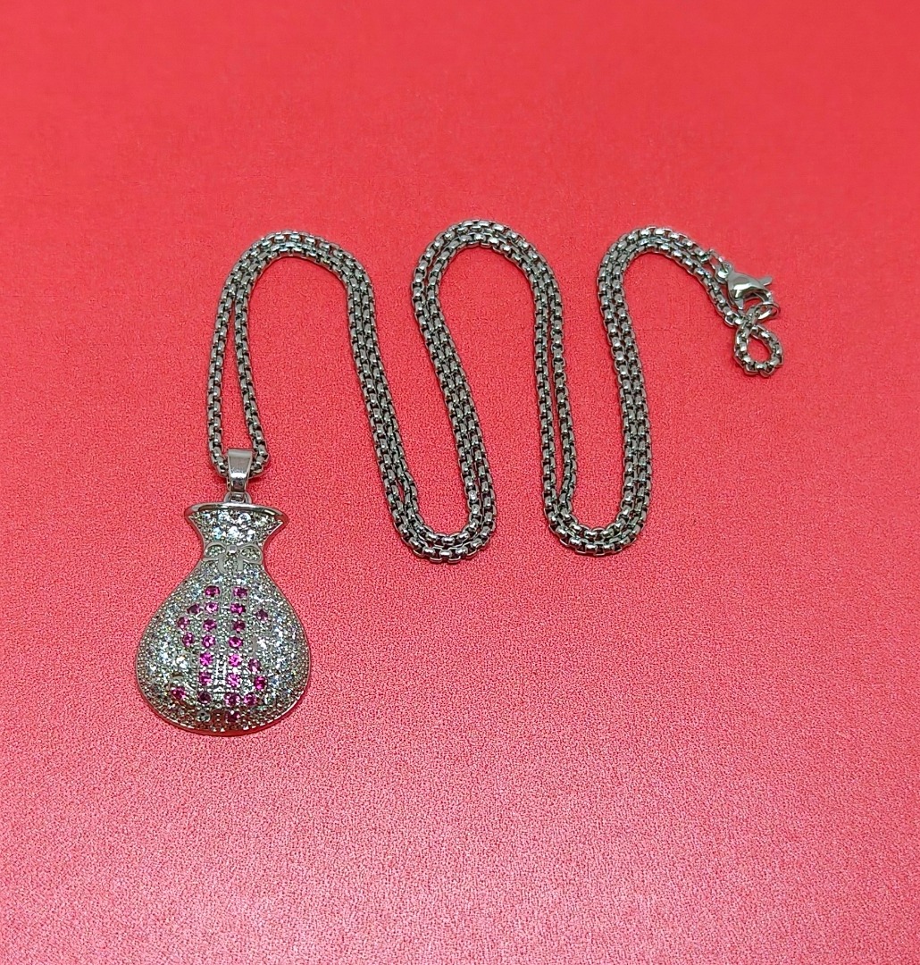 Silver Money Bag Red Corundum Dollar Sign Pendant Necklace, Women's ...