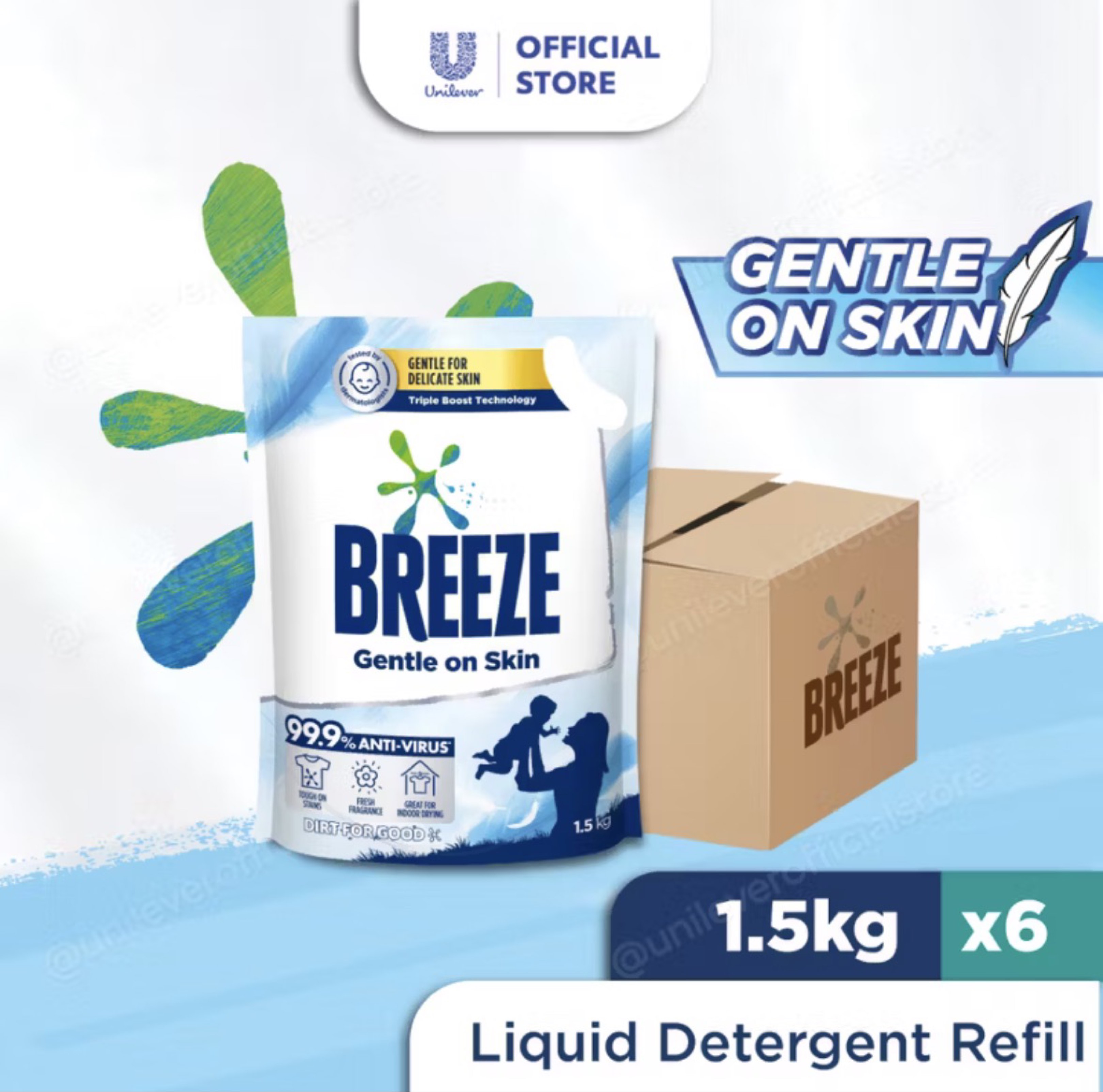 6 Packs of 1.5Kg Breeze Gentle on Skin Liquid Detergent Refill ...
