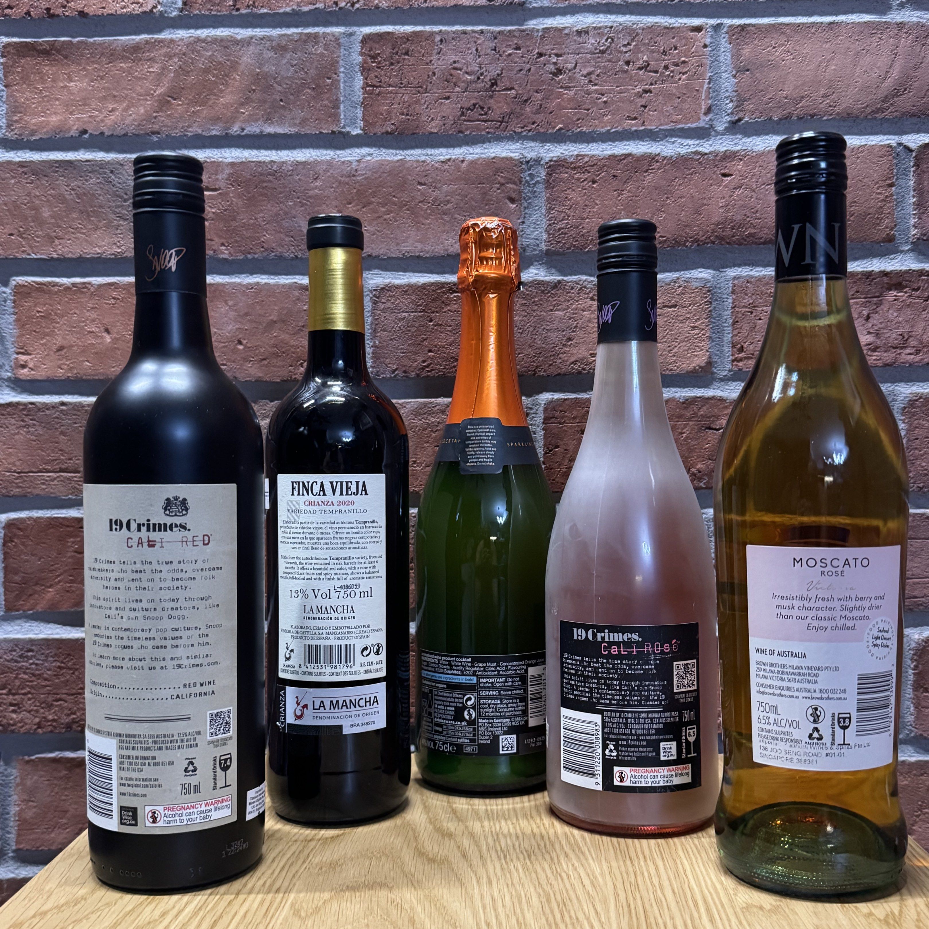Assorted Wine Bottles - 19 Crimes, Finca Vieja, Bucks Fizz, Brown ...