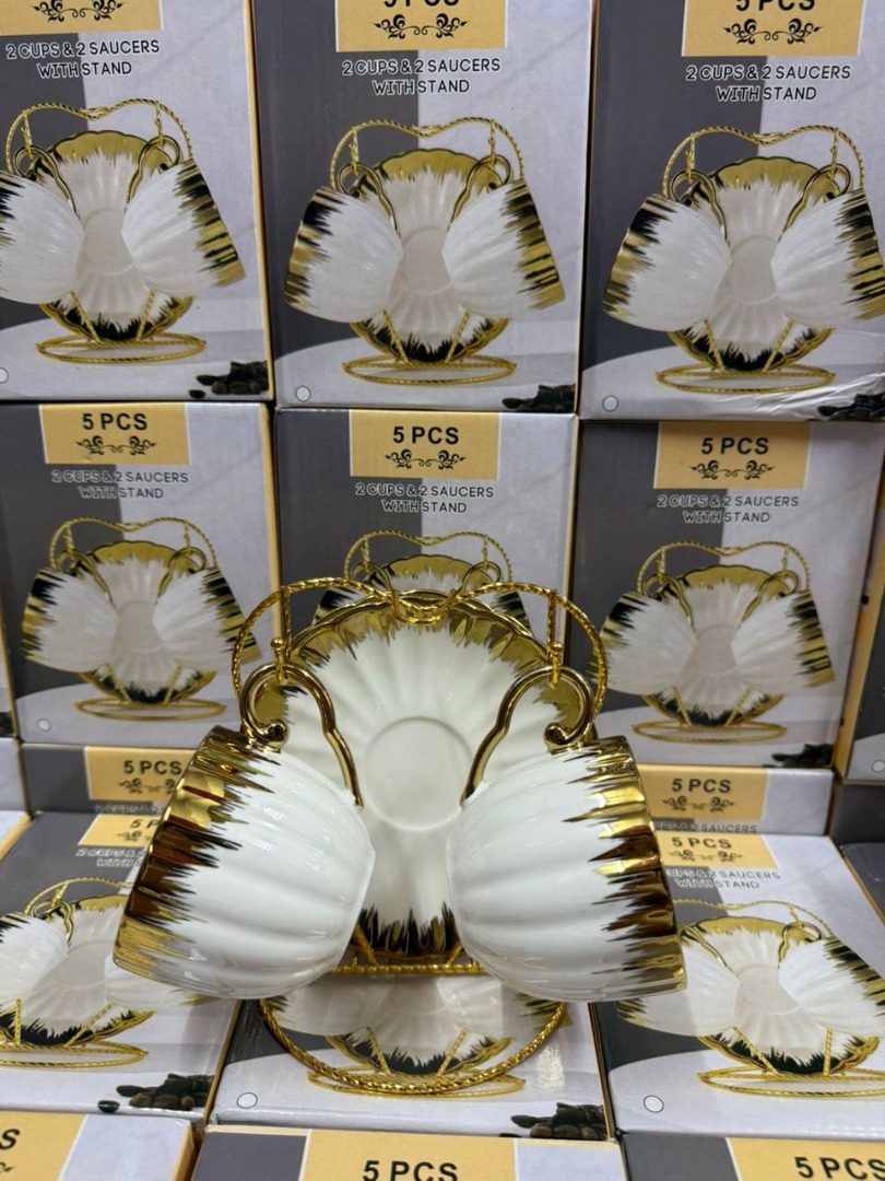 Golden Tea Cup and Saucer Set with Stand, Furniture & Home Living ...