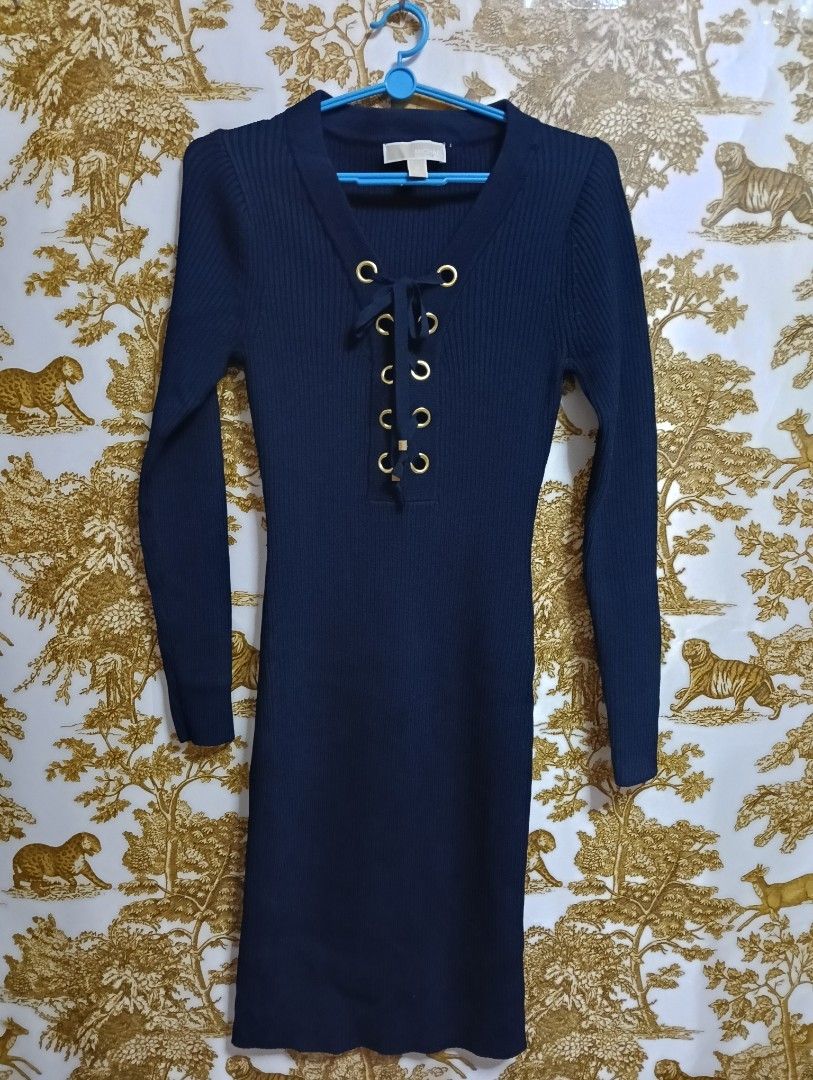 Michael Kors Navy Blue Ribbed Knit Dress, Women's Fashion, Dresses ...