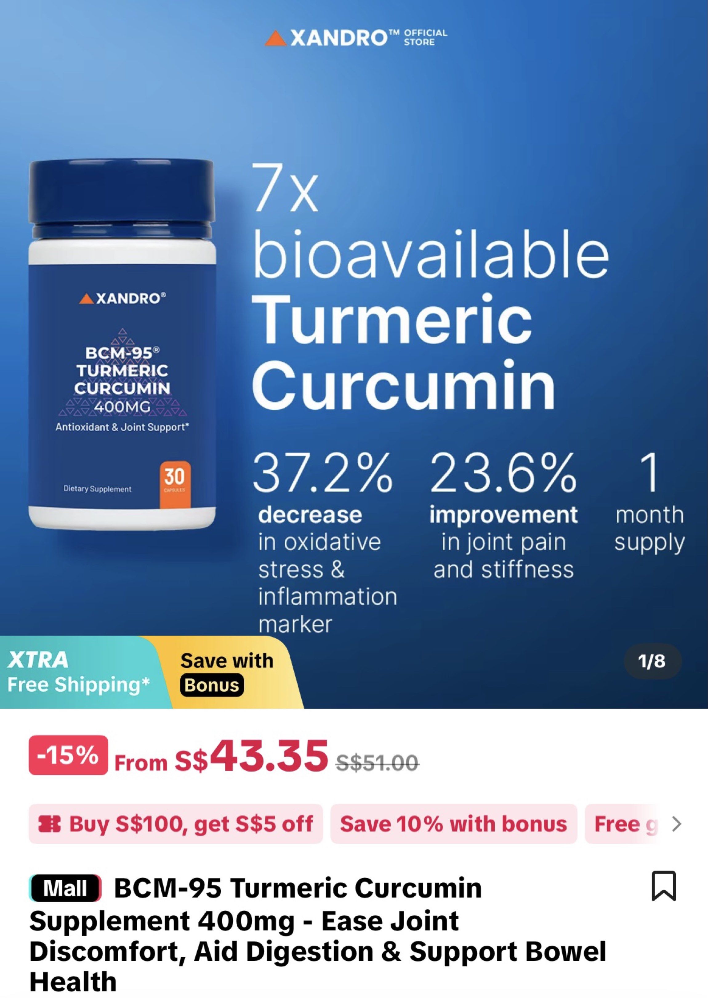 Xandro Bcm-95 turmeric curcumin 400mg, Health & Nutrition, Health ...