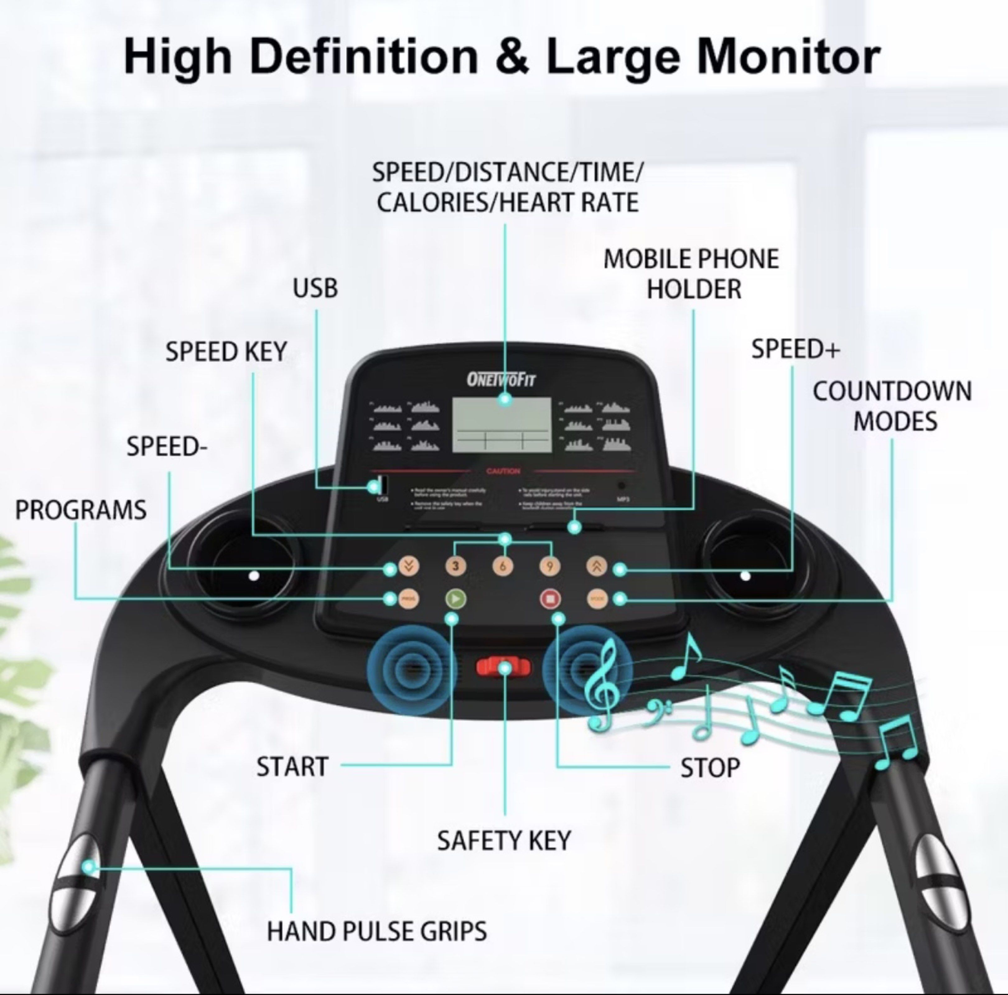 ONE TWO FIT Treadmill - 2.5HP, Bluetooth Speaker, Sports Equipment ...