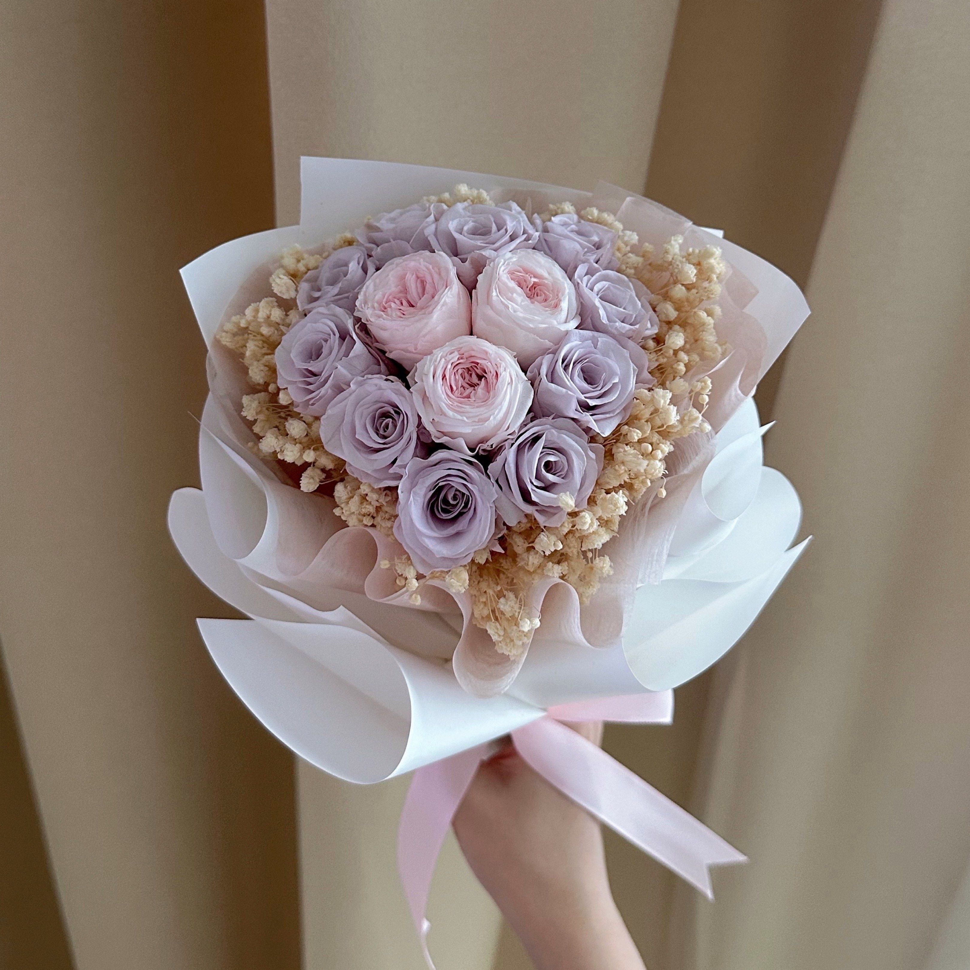 13 Roses Preserved Heart Flower Bouquet | Roses & Baby’s Breath ...