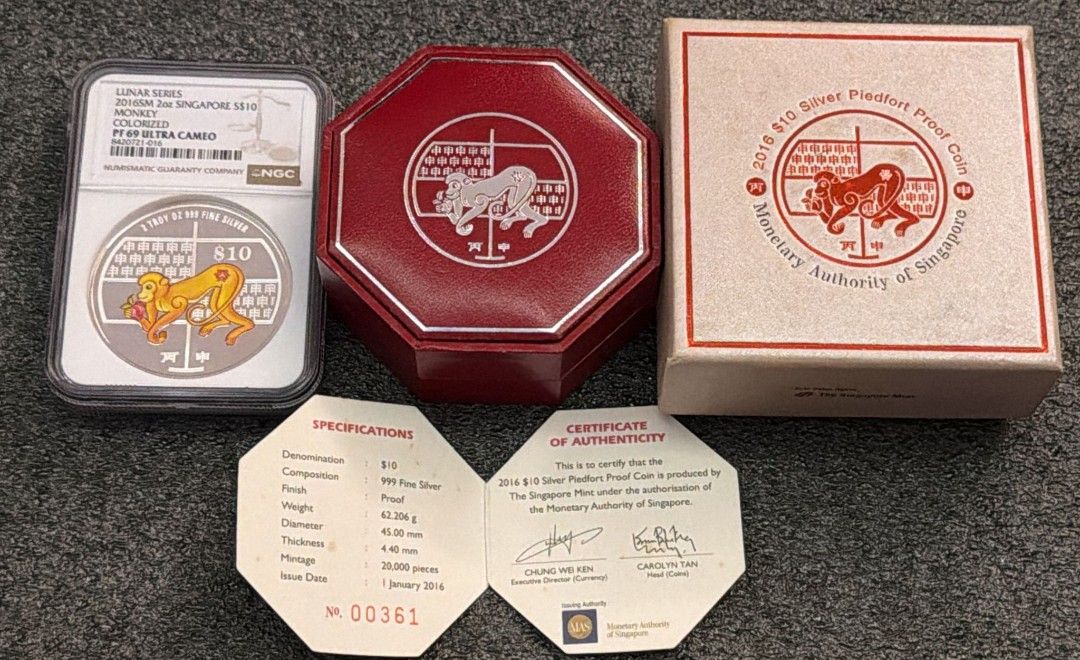2016SM Singapore Year of Monkey Colorized S$10 2oz 999 Silver Proof NGC ...
