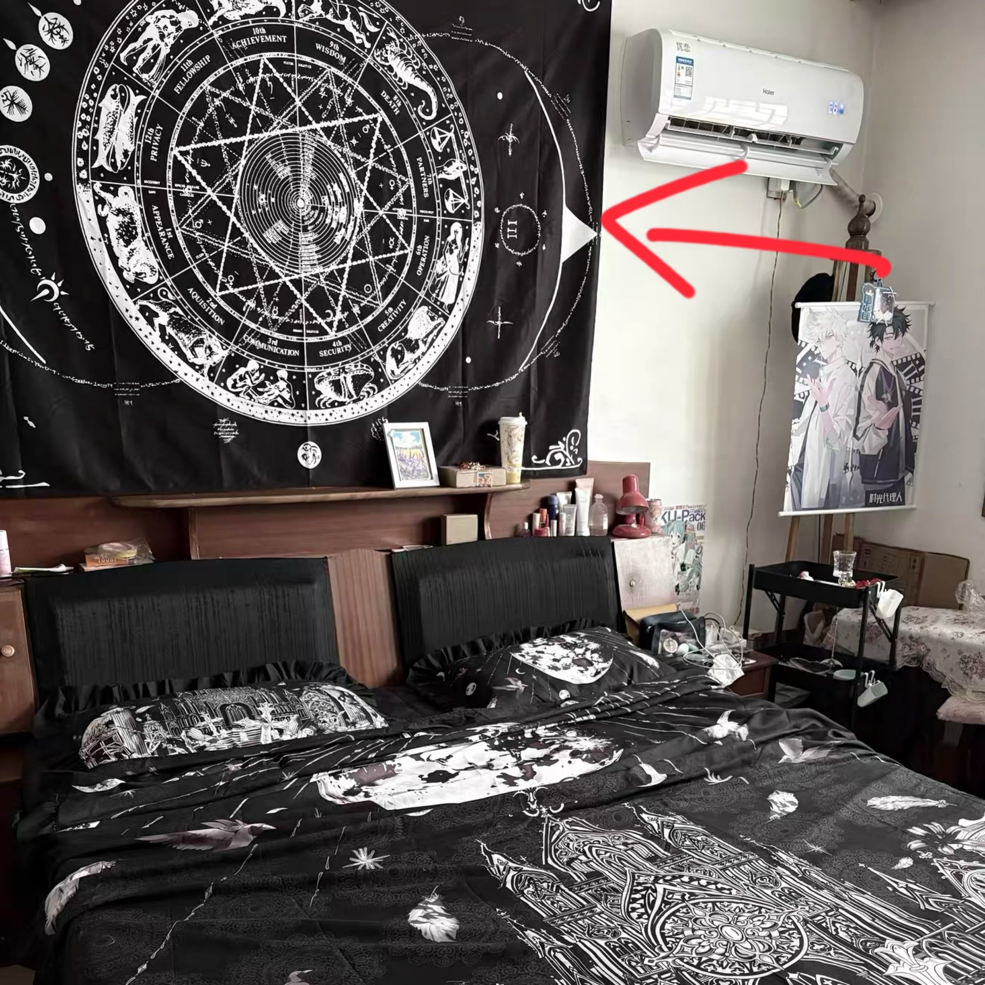 2.3m x 1.8m Black and White Astrology Tapestry Dark gothic background ...