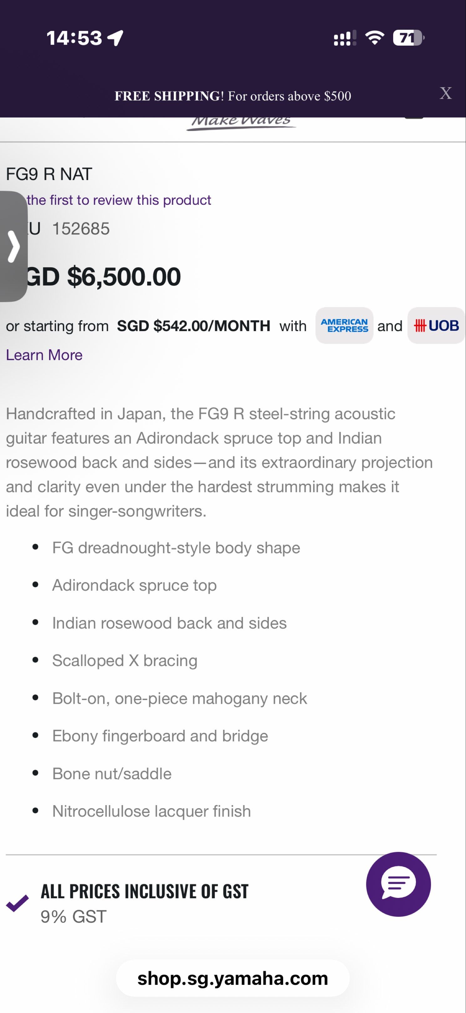 Yamaha FG9 R Natural Dreadnought Body Acoustic Guitar, Hobbies & Toys ...